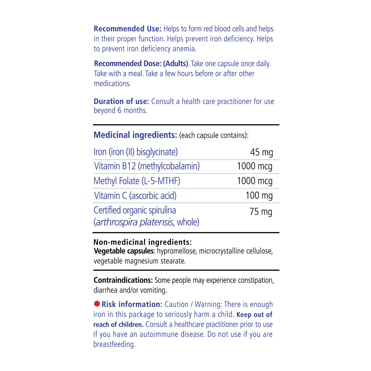 VITALITY Power Iron + Organic Spirulina l 45mg Iron Bisglycinate & B12