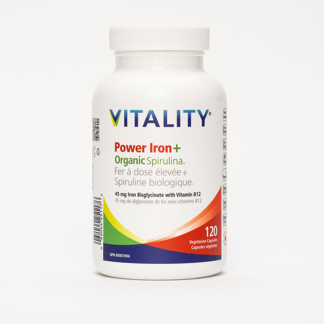 VITALITY Power Iron + Organic Spirulina l 45mg Iron Bisglycinate & B12
