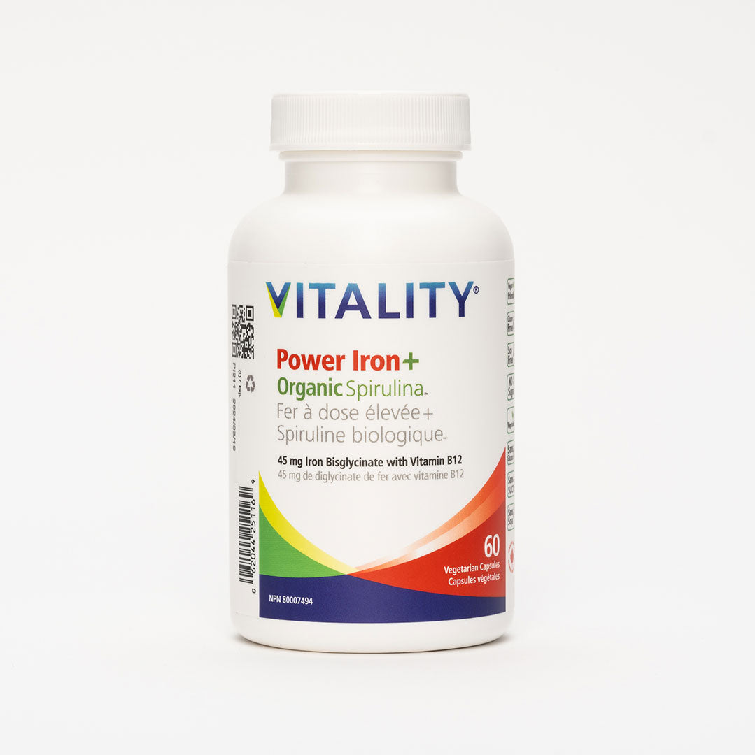 VITALITY Power Iron + Organic Spirulina l 45mg Iron Bisglycinate & B12
